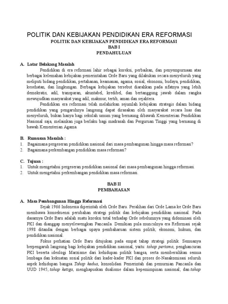 Politik Dan Kebijakan Pendidikan Era Reformasi | PDF
