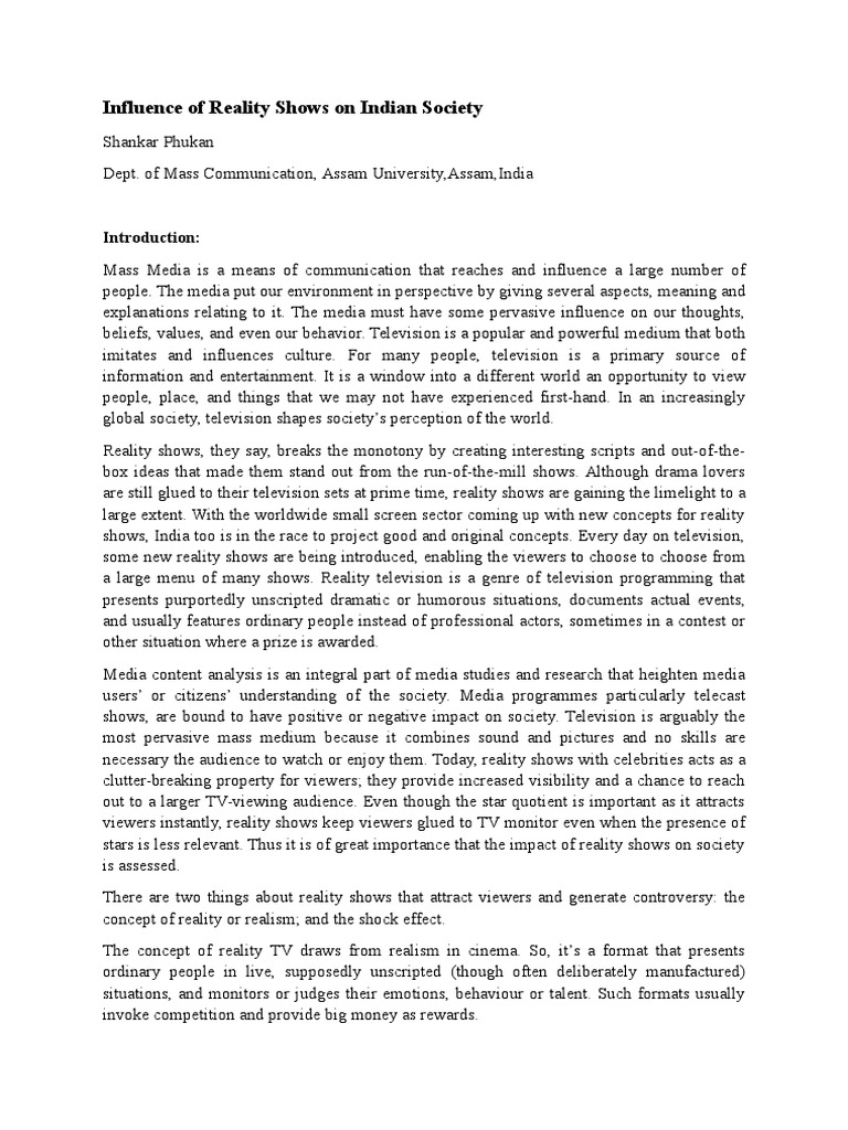 Influence of Reality Shows On Society | PDF | Reality Television | Mass ...