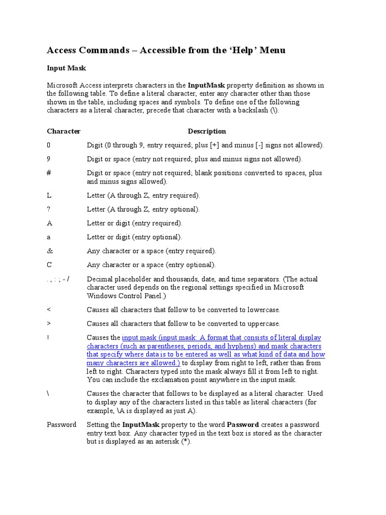 Access Commands - Accessible From The Help' Menu: Input Mask | PDF ...