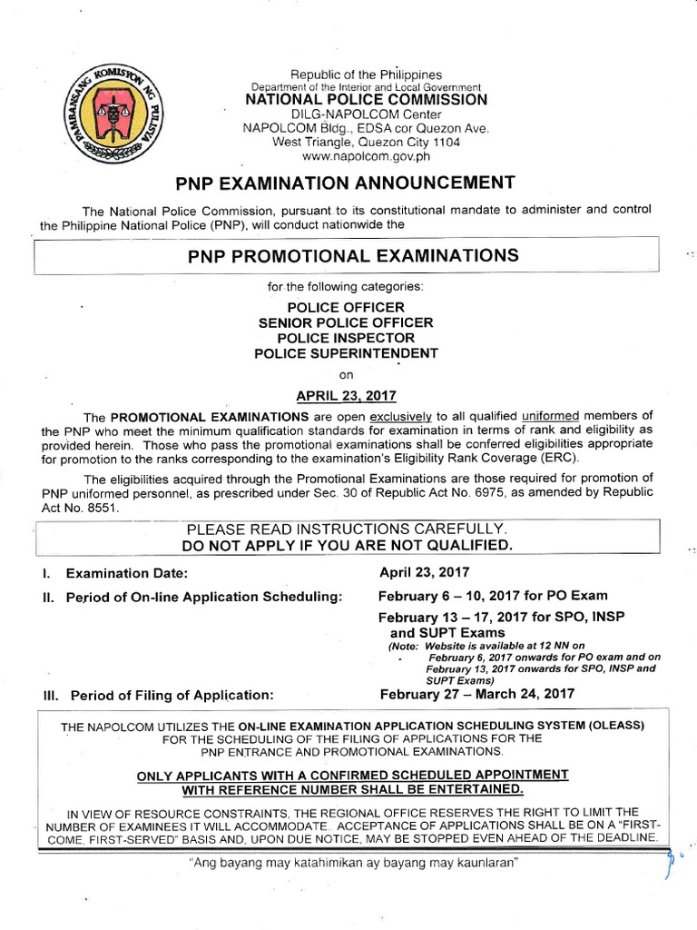 NAPOLCOM Promotional Examination Announcement | PDF | Inspector | Test ...