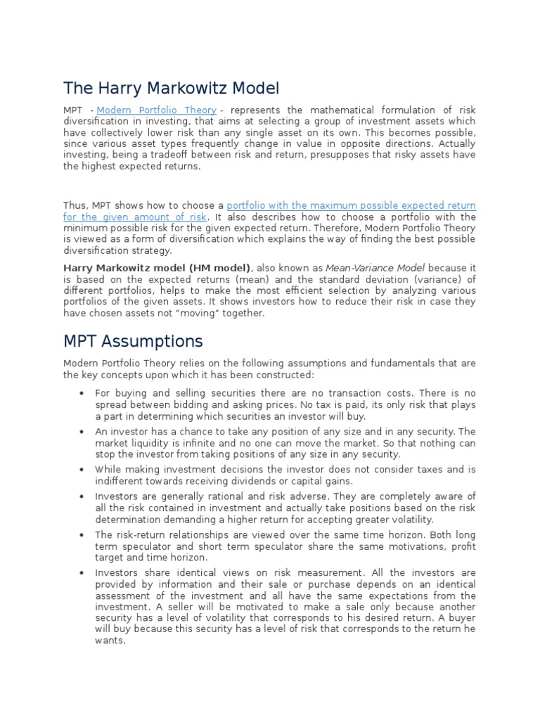 The Harry Markowitz Model | PDF | Investor | Modern Portfolio Theory