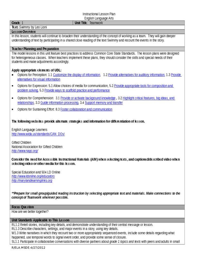 05 Lesson - Plan Swimmy | PDF