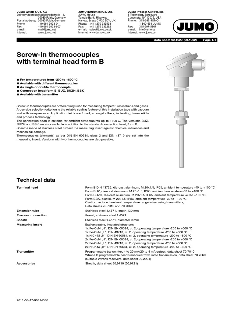 Screw-In Thermocouples With Terminal Head Form B: Technical Data | PDF ...