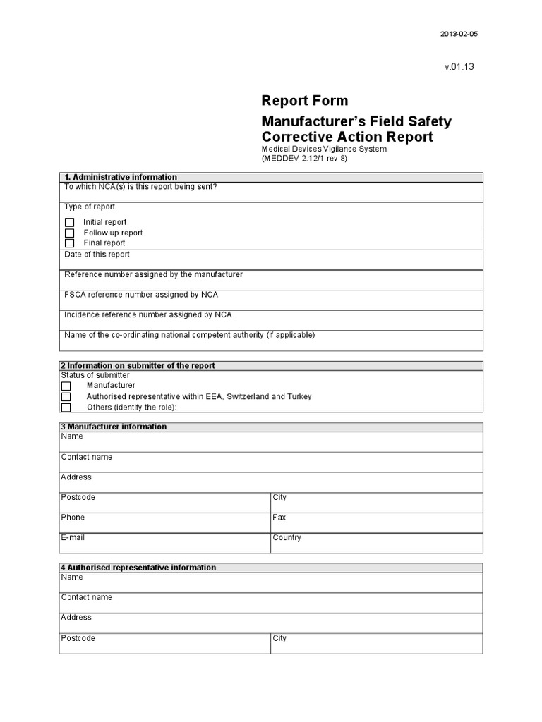 Report Form Manufacturer's Field Safety Corrective Action Report | PDF ...
