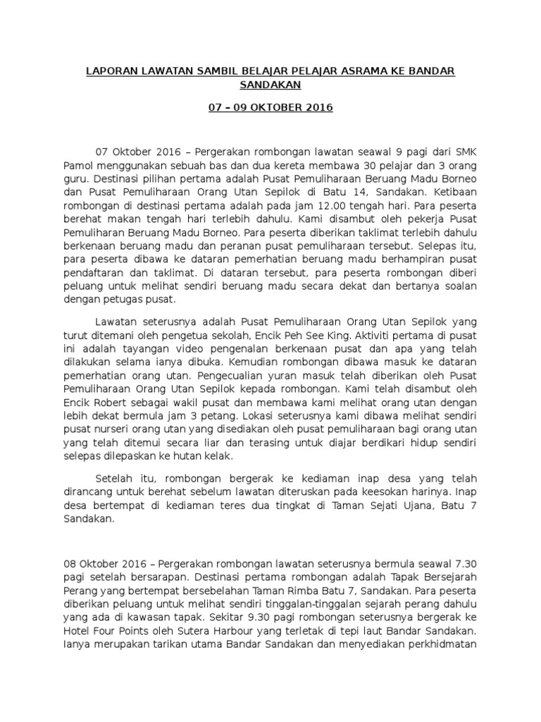 Laporan Lawatan Sambil Belajar Pelajar Asrama Ke Bandar Sandakan | PDF
