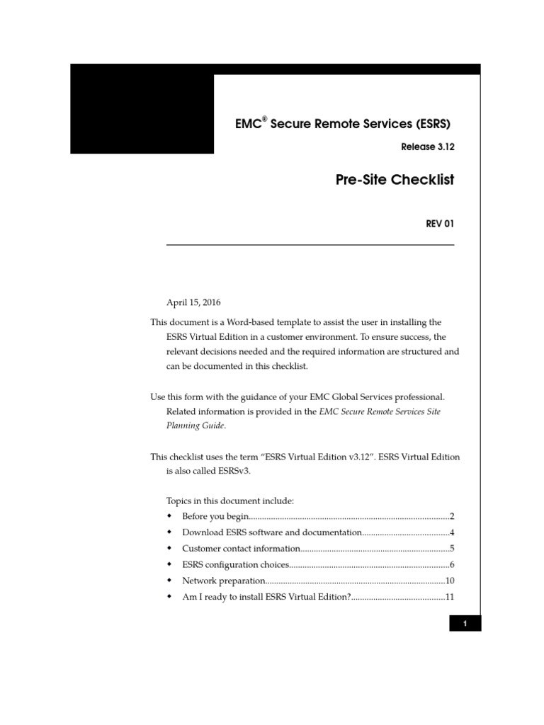 EMC Secure Remote Services (ESRS) Release 3.12 Pre Site Checklist | PDF ...