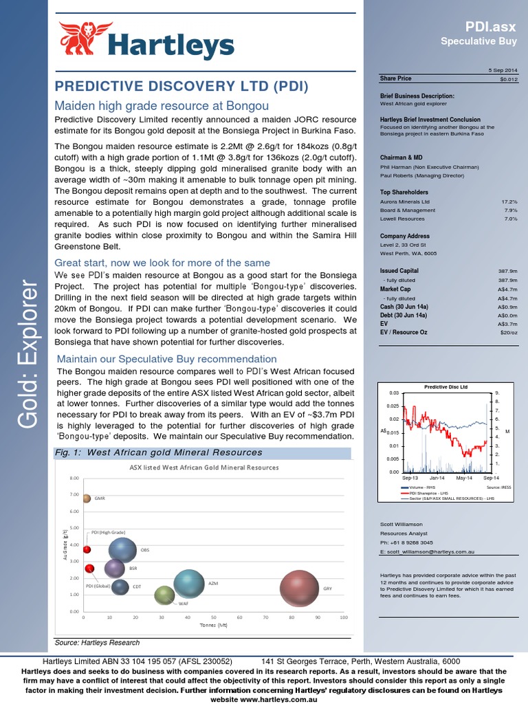Predictive Discovery LTD (Pdi) : Maiden High Grade Resource at Bongou ...