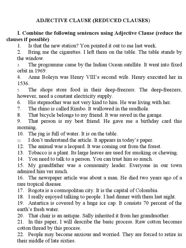 Adjective Clause (Reduce Clauses) | PDF