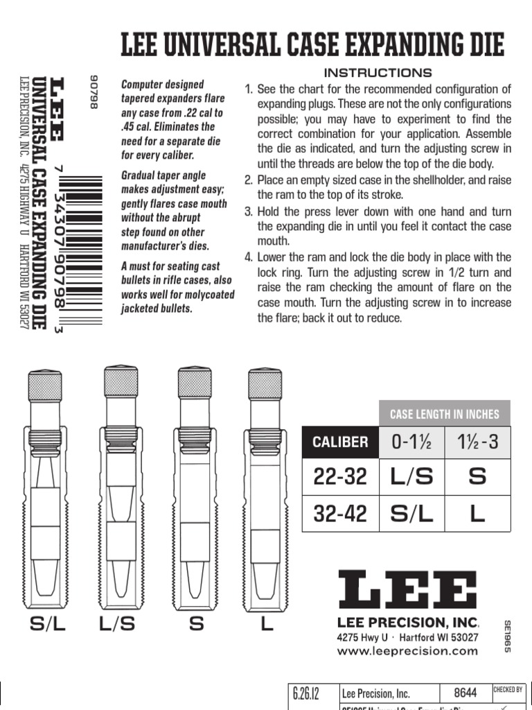 Lee Universal Case Expanding Die: 22-32 L/S S 32-42 S/L L | PDF