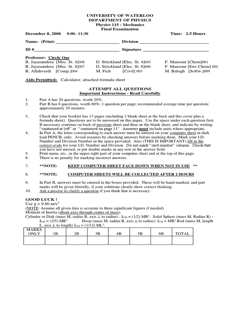 University of Waterloo Physics 115 Final Exam | Download Free PDF ...