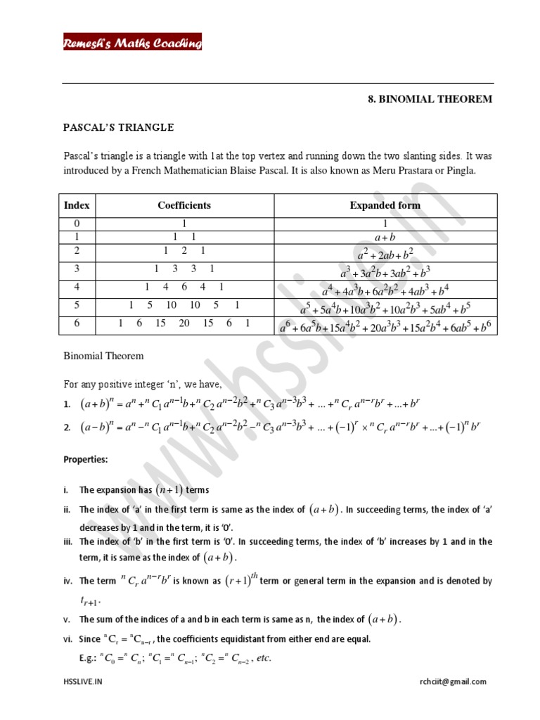 Binomial Theorem & Pascal's Triangle Guide | PDF | Combinatorics | Complex Analysis