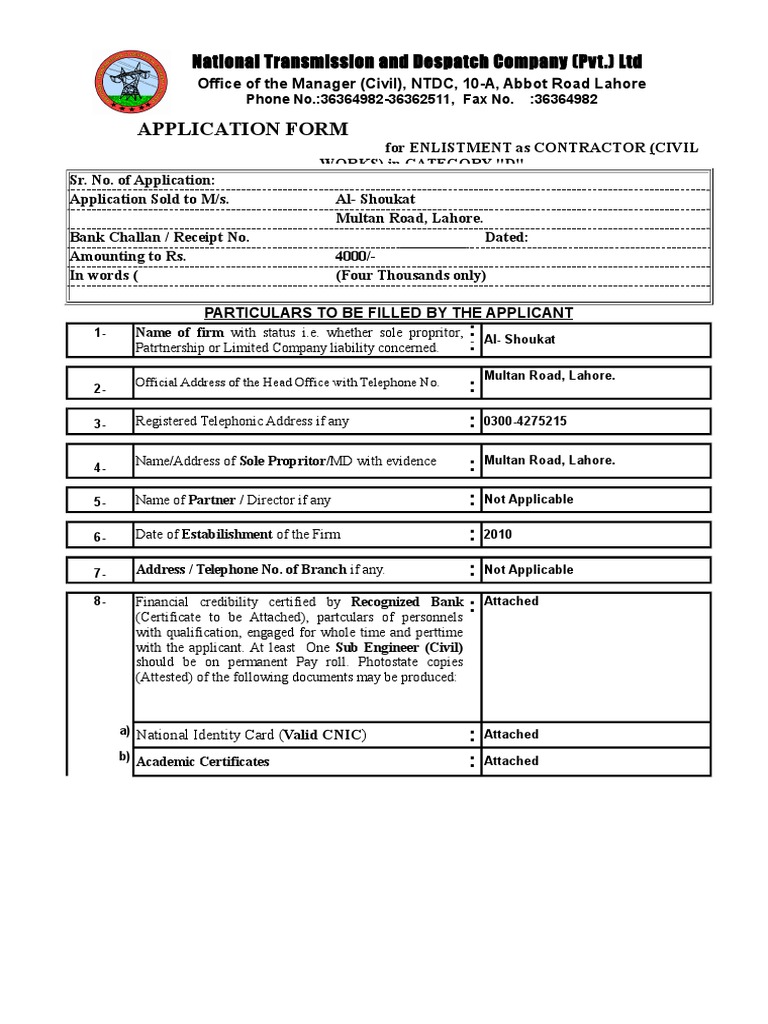 Application Form Enlistment Driller | Partnership | Government