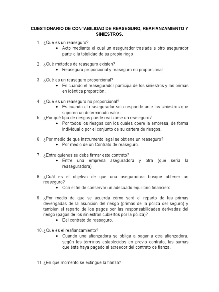 Cuestionario de Contabilidad de Reaseguro, Reafianzamiento y Siniestros | PDF | Reaseguro ...
