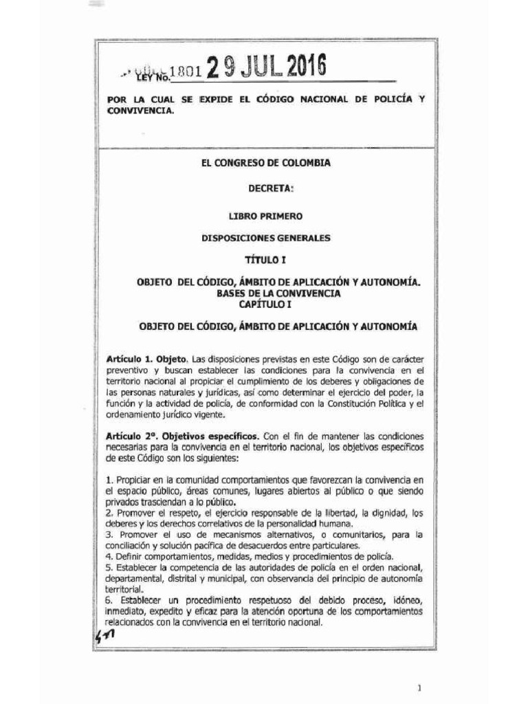 LEY 1801 de 2016 Codigo Nacional de Policia PDF | PDF