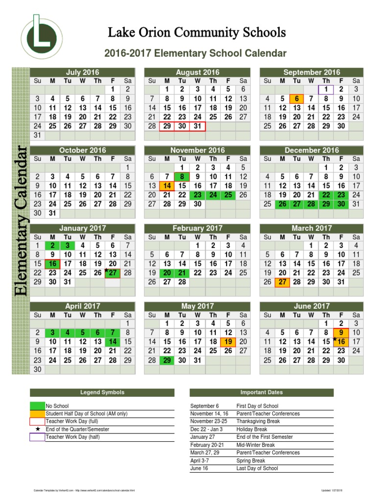 2016-2017 Elementary School Calendar | PDF | Academic Term ...