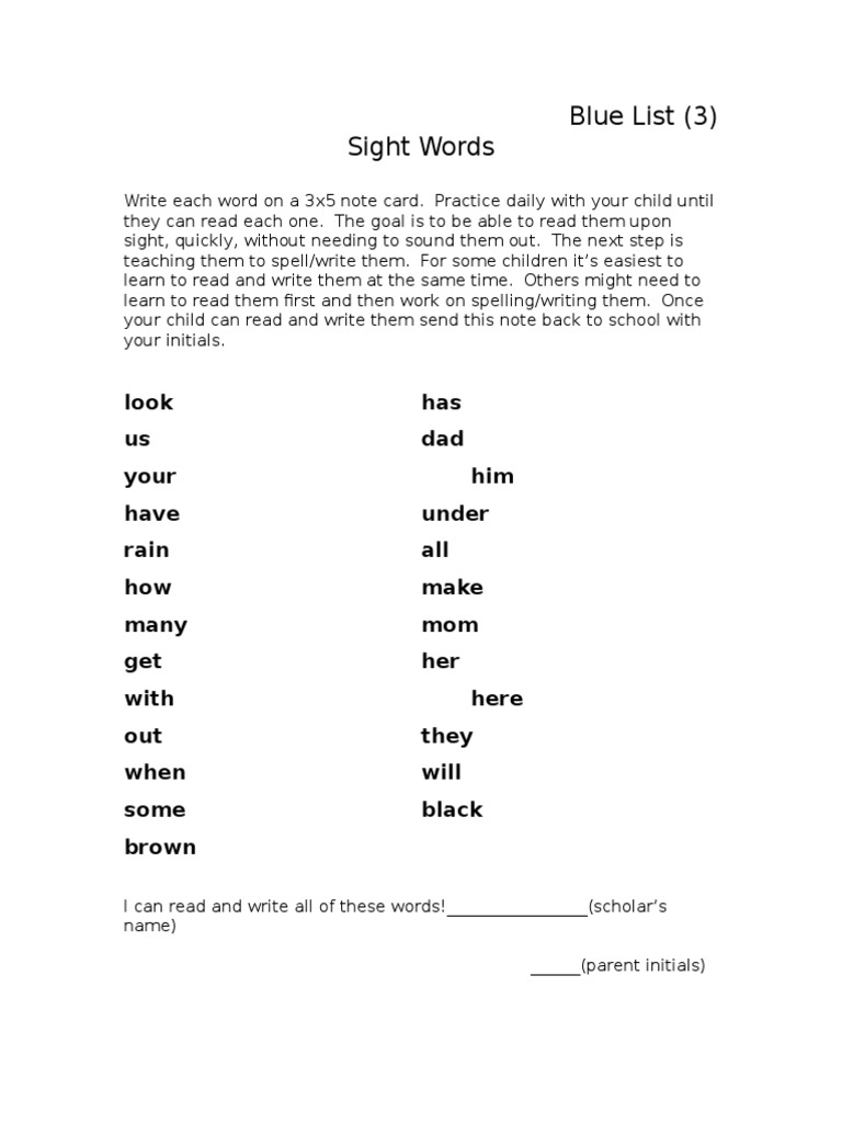 Blue Sight Word List 3 | PDF