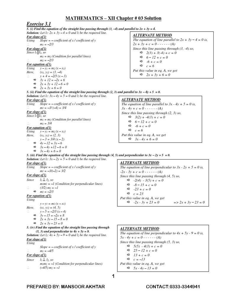 XII Maths Exercise 3.1 (Solution) | PDF | Line (Geometry) | Equations