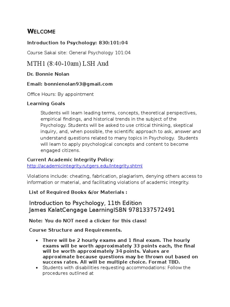 Introduction to Psychology Course Guide | PDF | Academic Integrity | Academic Term