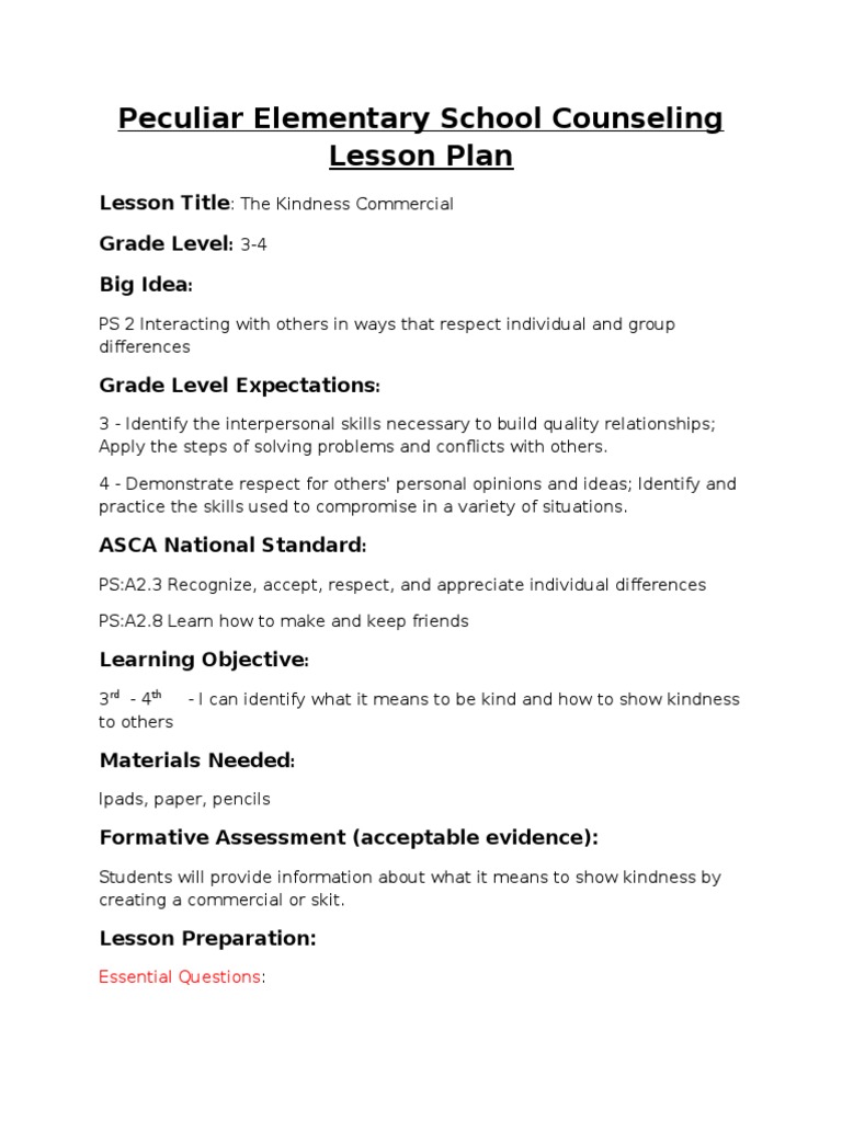 Peculiar Elementary School Counseling Lesson Plan: Lesson Title Grade ...