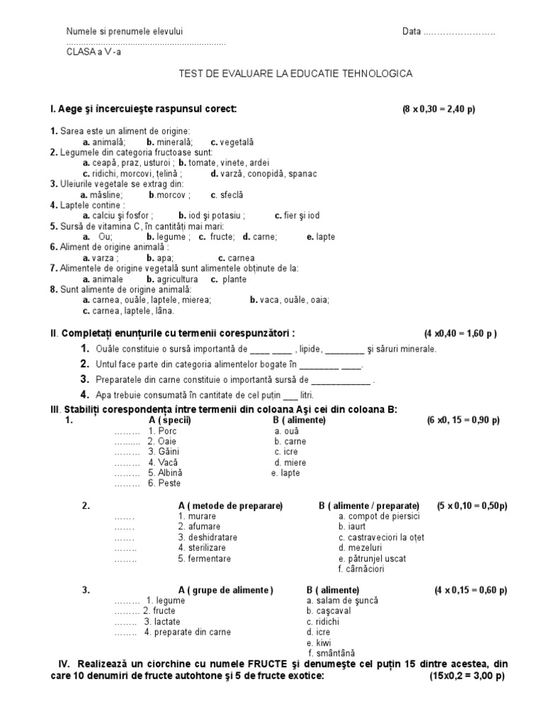Test de Evaluare Clasa A V A Originea Alimentelor | PDF