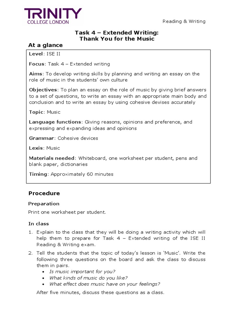 ISE II - Task 4 - Extended Writing - CA1 (Music) | PDF | Essays | Reading (Process)