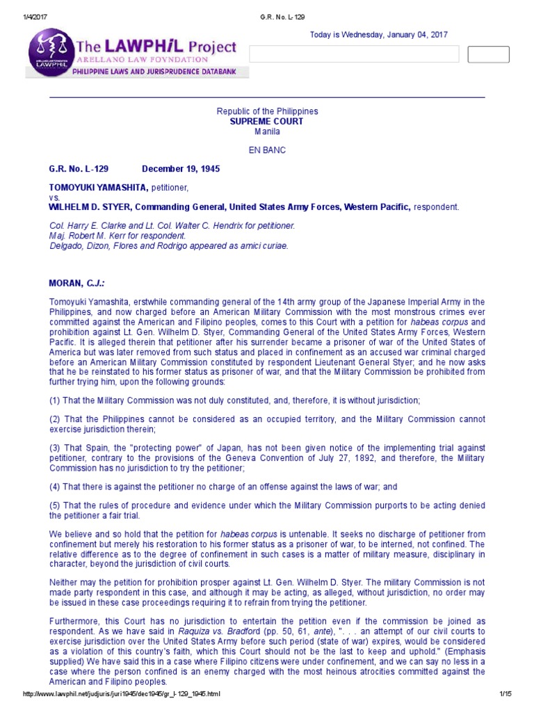 Yamashita Vs Styer (G.R. No. L-129) | PDF | War Crime | Military Justice