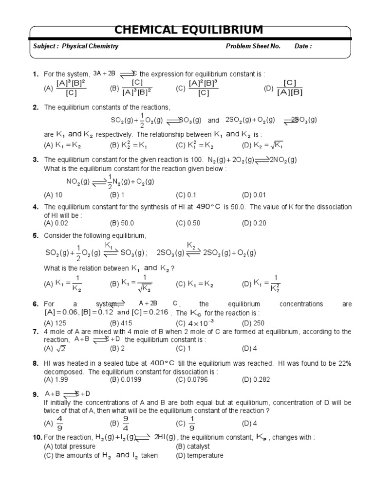 Chemical Equilibrium Problem Sheet-1 | PDF | Chemical Equilibrium ...