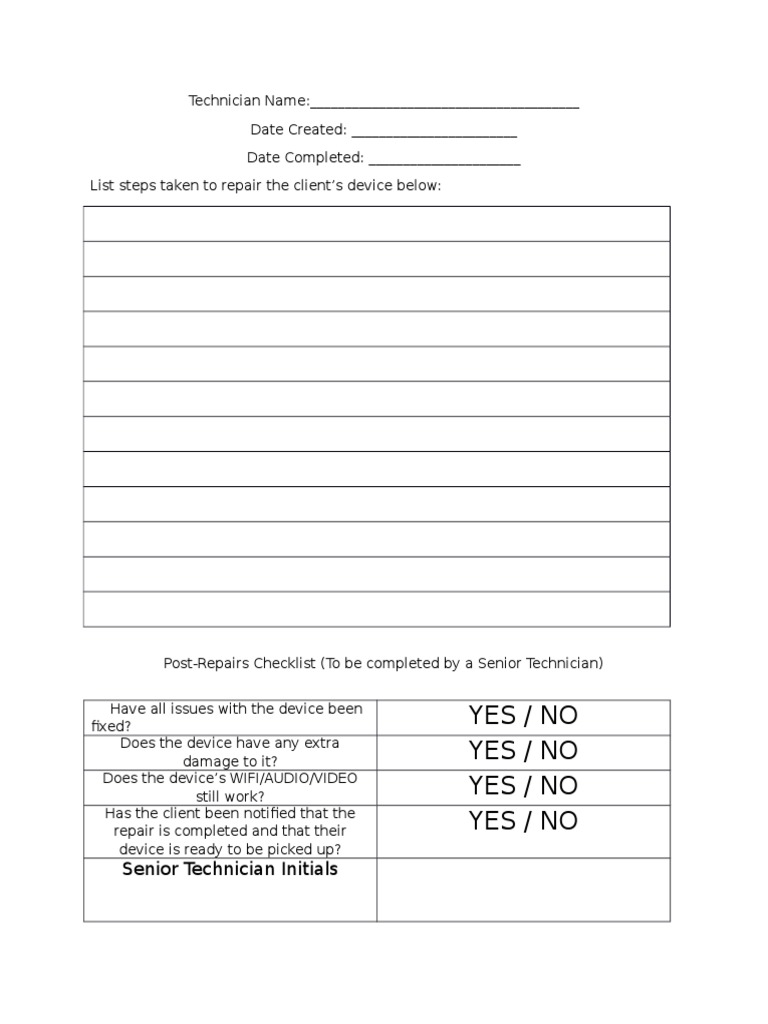 Yes / No Yes / No Yes / No Yes / No: Senior Technician Initials | PDF