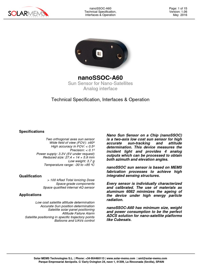 nanoSSOC-A60 Sun Sensor Specs | PDF | Electrical Connector | Sensor
