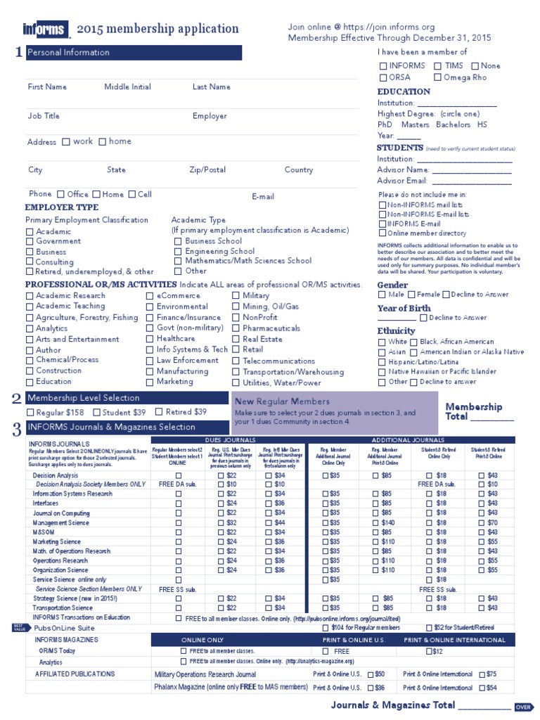 2015 INFORMS Membership Application | PDF | Race And Ethnicity In The ...