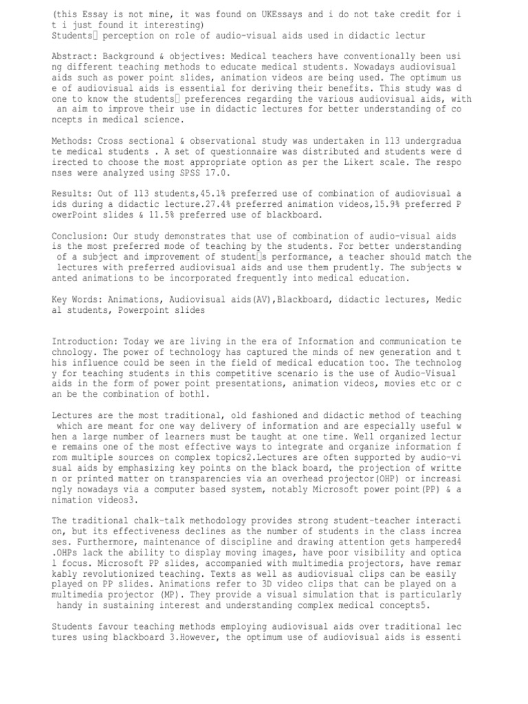 Students' Perception On Role of Audio-Visual Aids Used in Didactic ...