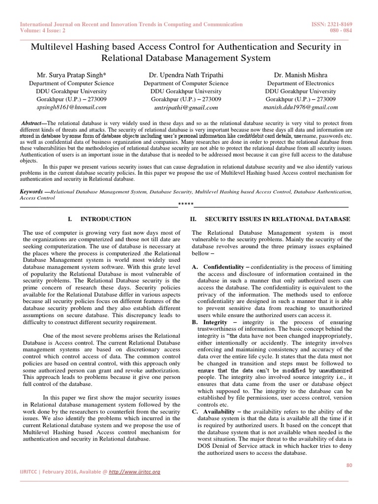Multilevel Hashing Based Access Control For Authentication And Security In Relational Database