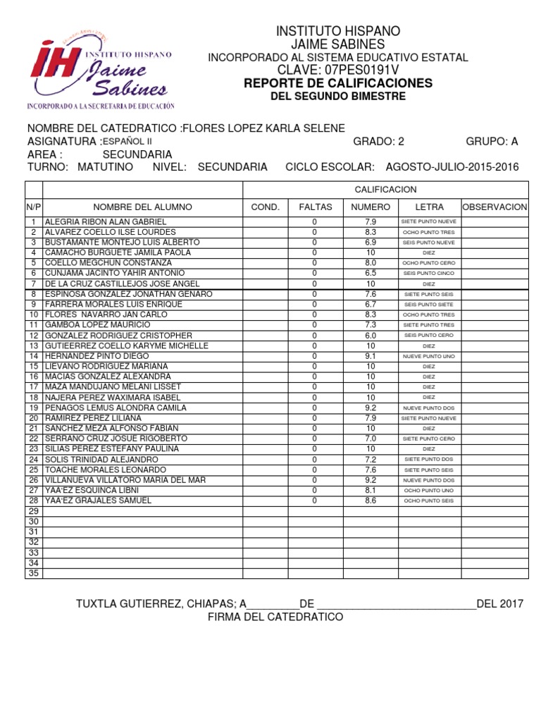 Reporte de Calificaciones del Segundo Bimestre de Español II en el ...