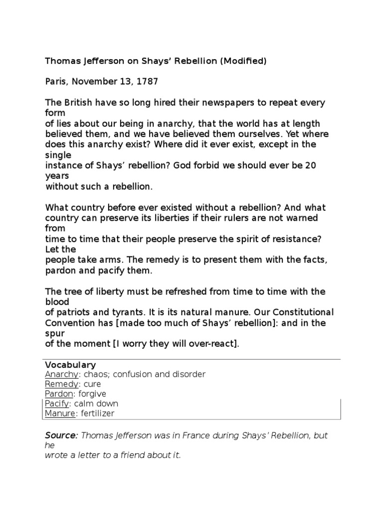 Jefferson On Shays' Rebellion | PDF | Social Science | History