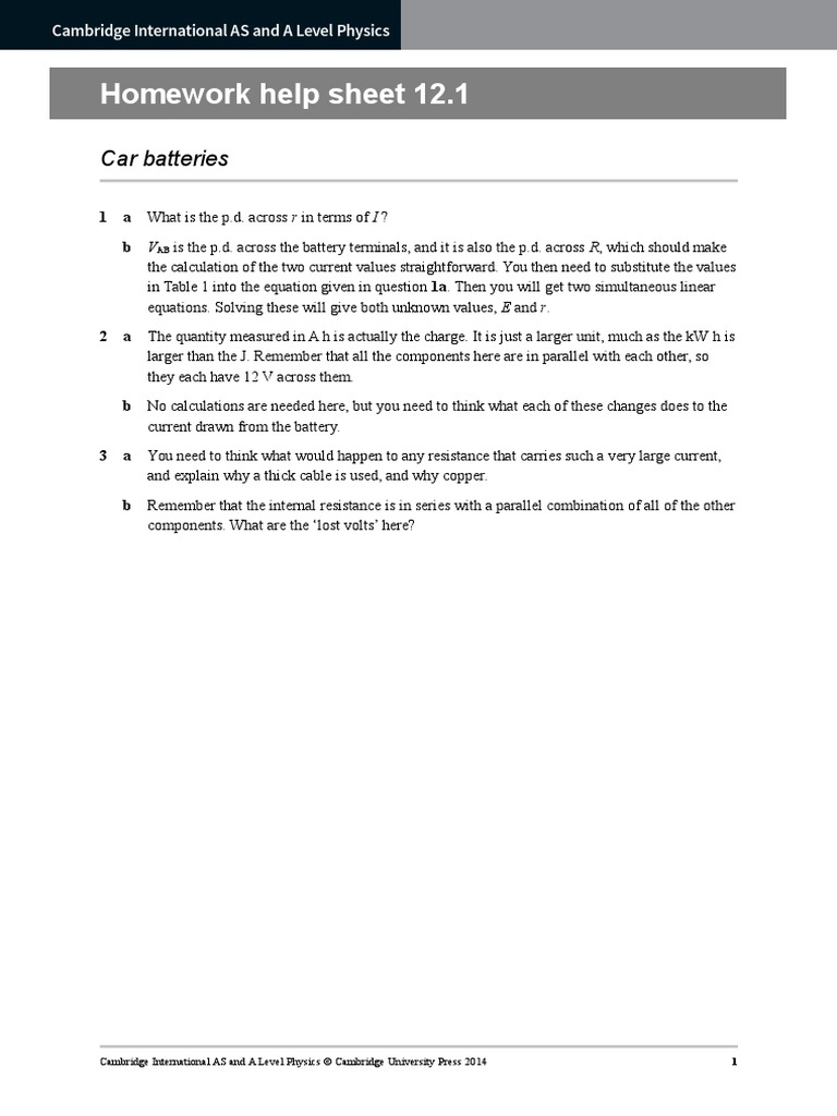 Homework Help Sheet 12.1: Car Batteries | PDF