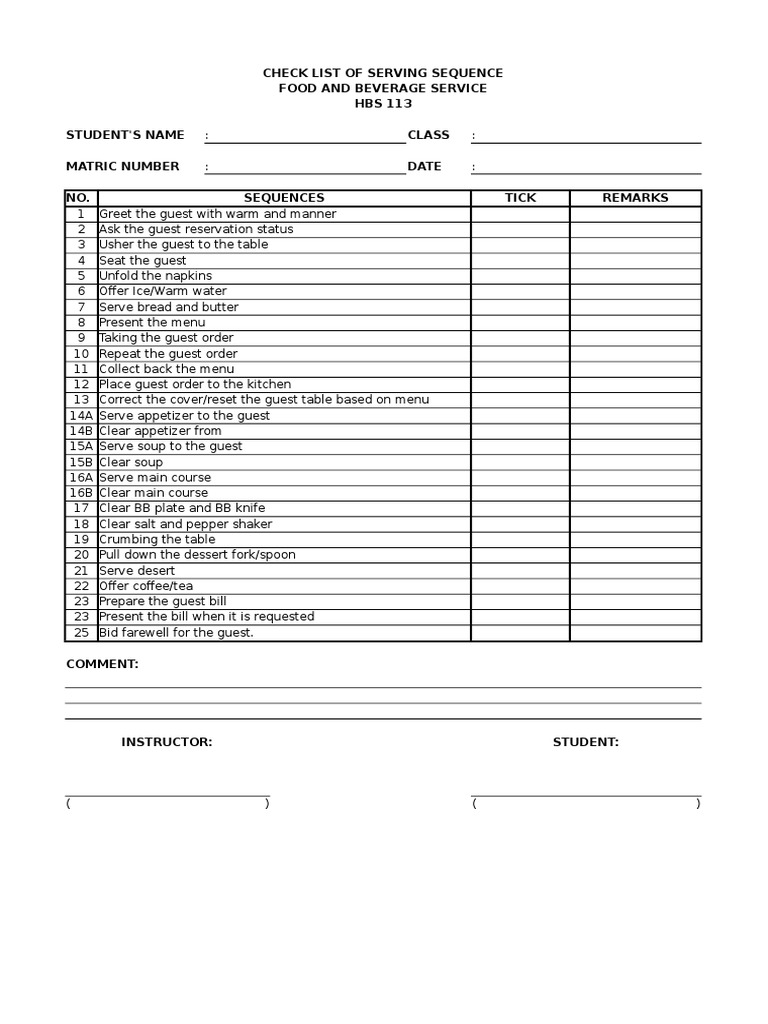 Check List of Serving Sequence Food and Beverage Service HBS 113 ...