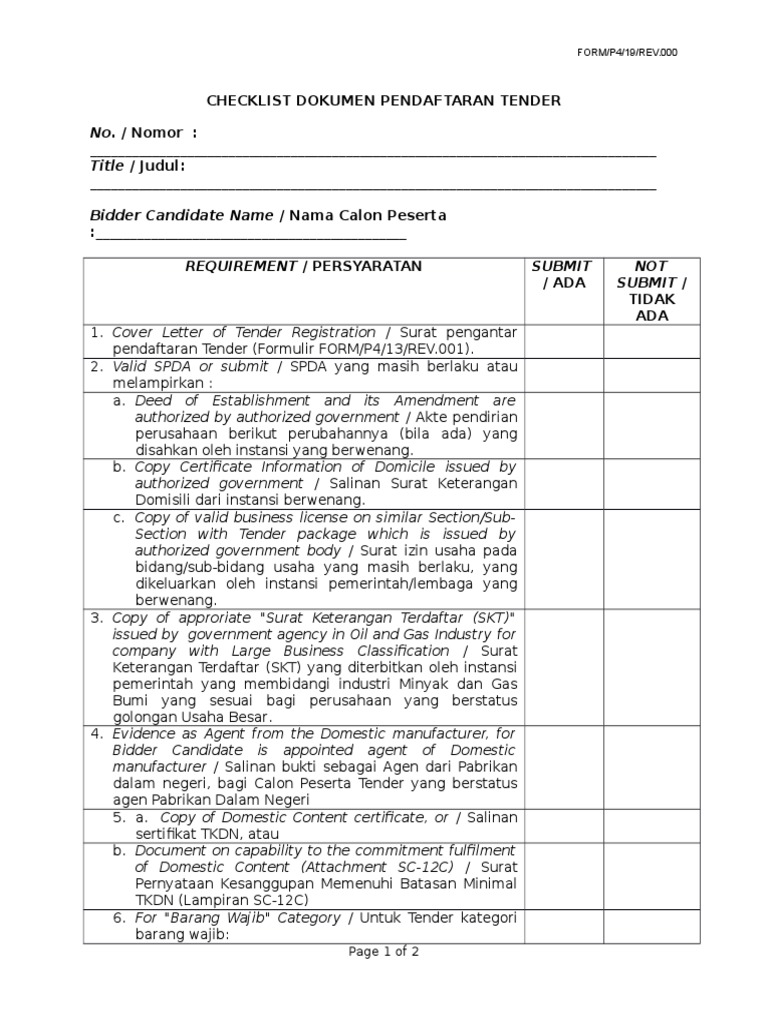 Checklist Dokumen Pendaftaran Tender | PDF