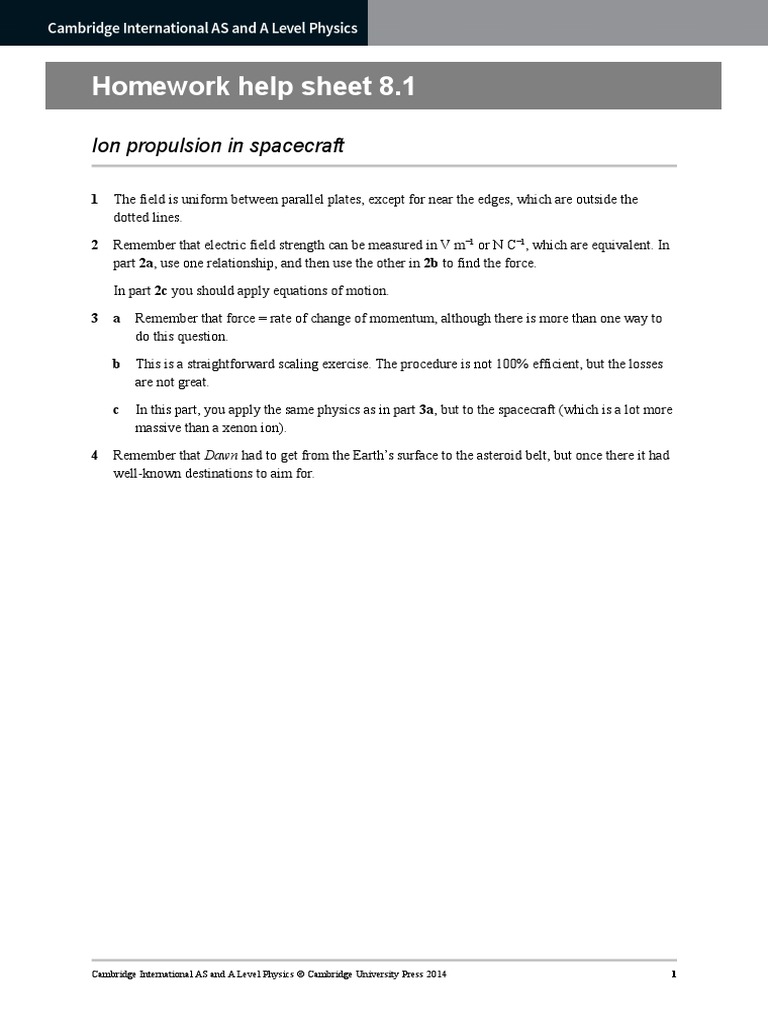 Homework Help Sheet 8.1: Ion Propulsion in Spacecraft | PDF