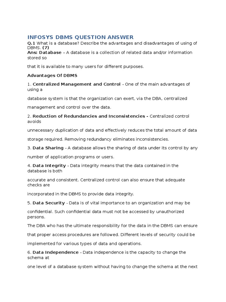Infosys Dbms Question Answer | PDF | Computers