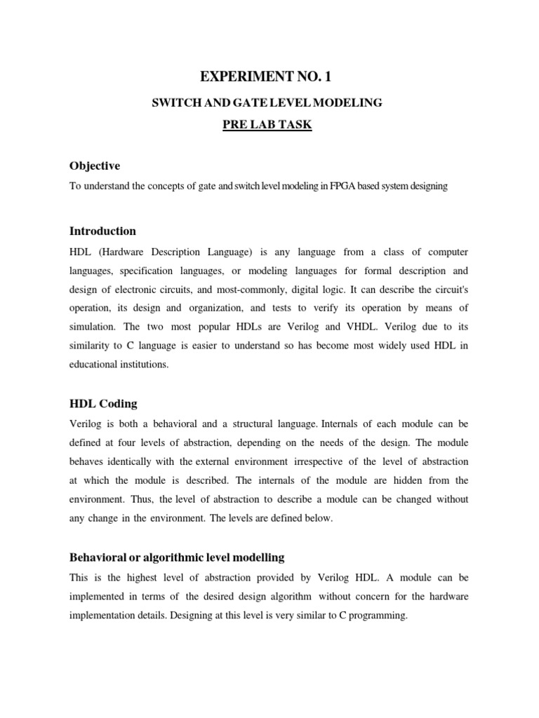 Experiment No. 1: Switch and Gate Level Modeling Pre Lab Task | PDF | Hardware Description ...