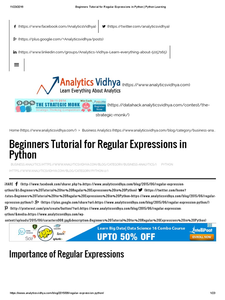 Beginners Tutorial For Regular Expressions In Python Python Learning Pdf Regular