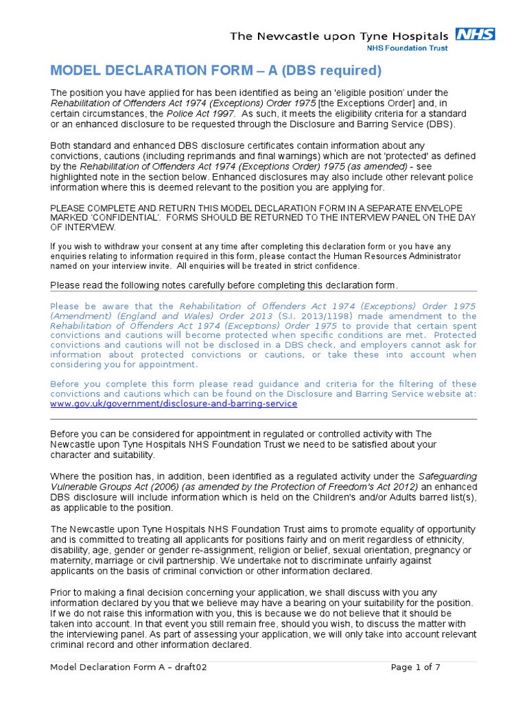 Model Declaration Form A - DBS | PDF | Public Law | Common Law