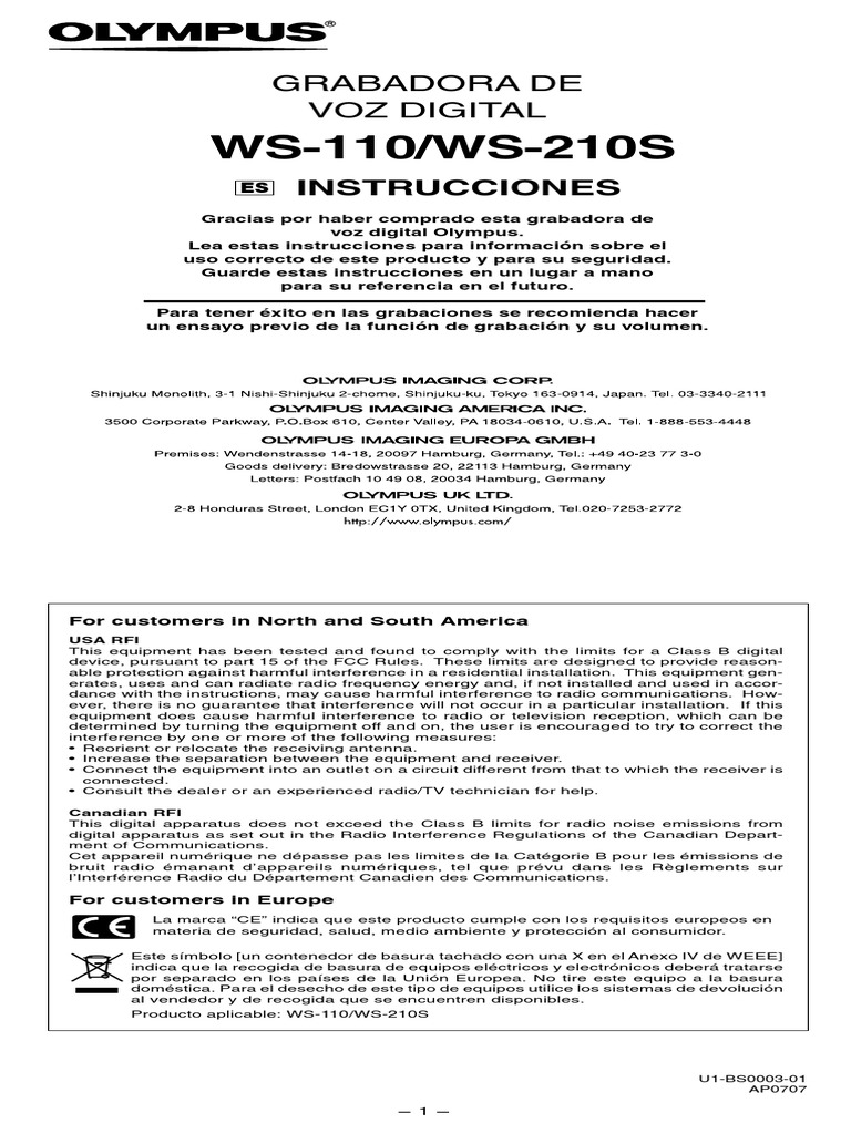 Manual de Uso Grabadora Olympus Mod WS-110 WS-210S | PDF | Macintosh ...