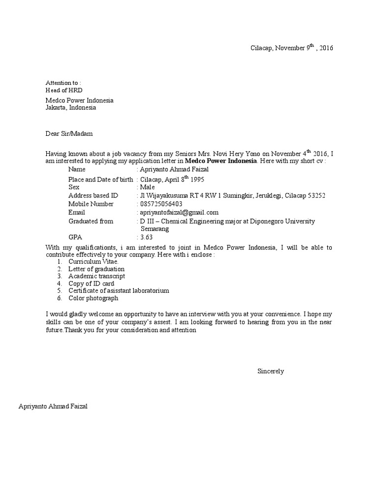 Application Letter Medco Power Indonesia | PDF