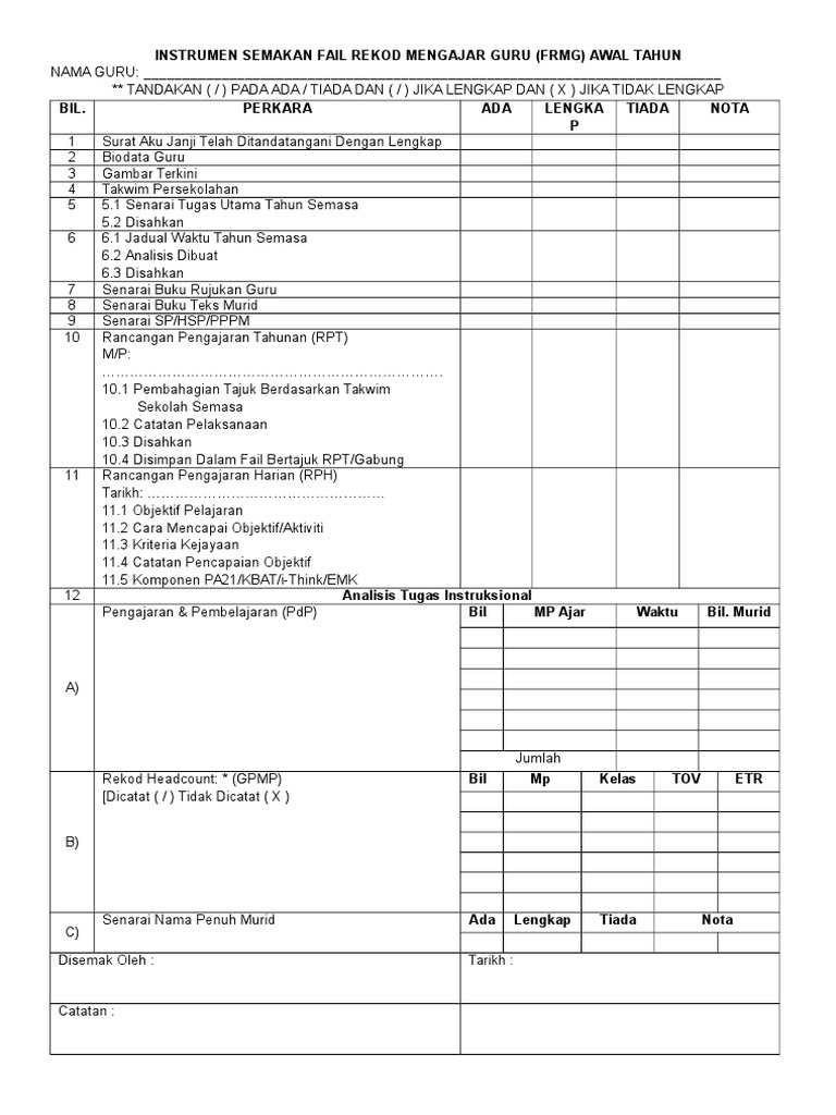 Instrumen Semakan Fail Rekod Mengajar Guru | PDF
