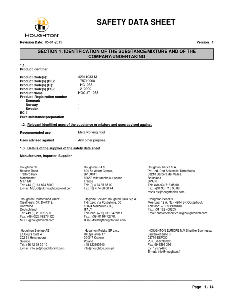 Hocut 1033 - CLP Sds-En | PDF | Dangerous Goods | Personal Protective ...
