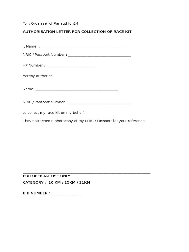 Letter of Authorisation For Collection of Race Kit | PDF