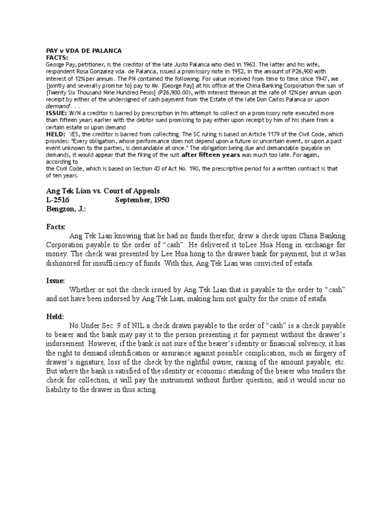 Pay V Vda de Palanca | PDF | Cheque | Promissory Note