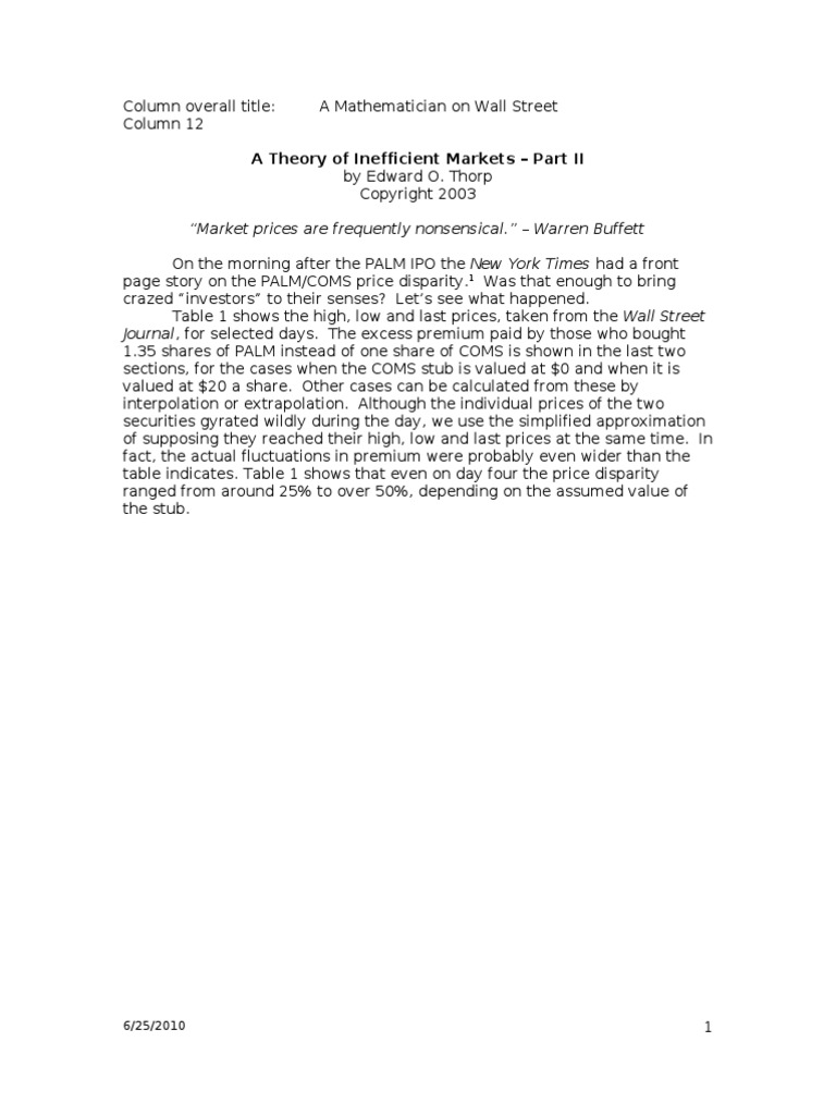 A Theory of Inefficient Markets 2 | Arbitrage | Efficient Market Hypothesis