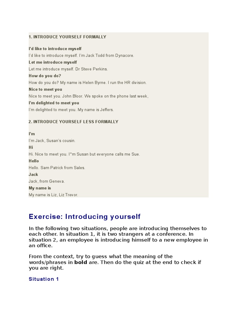 Exercise: Introducing Yourself: 1. Introduce Yourself Formally I'd Like ...